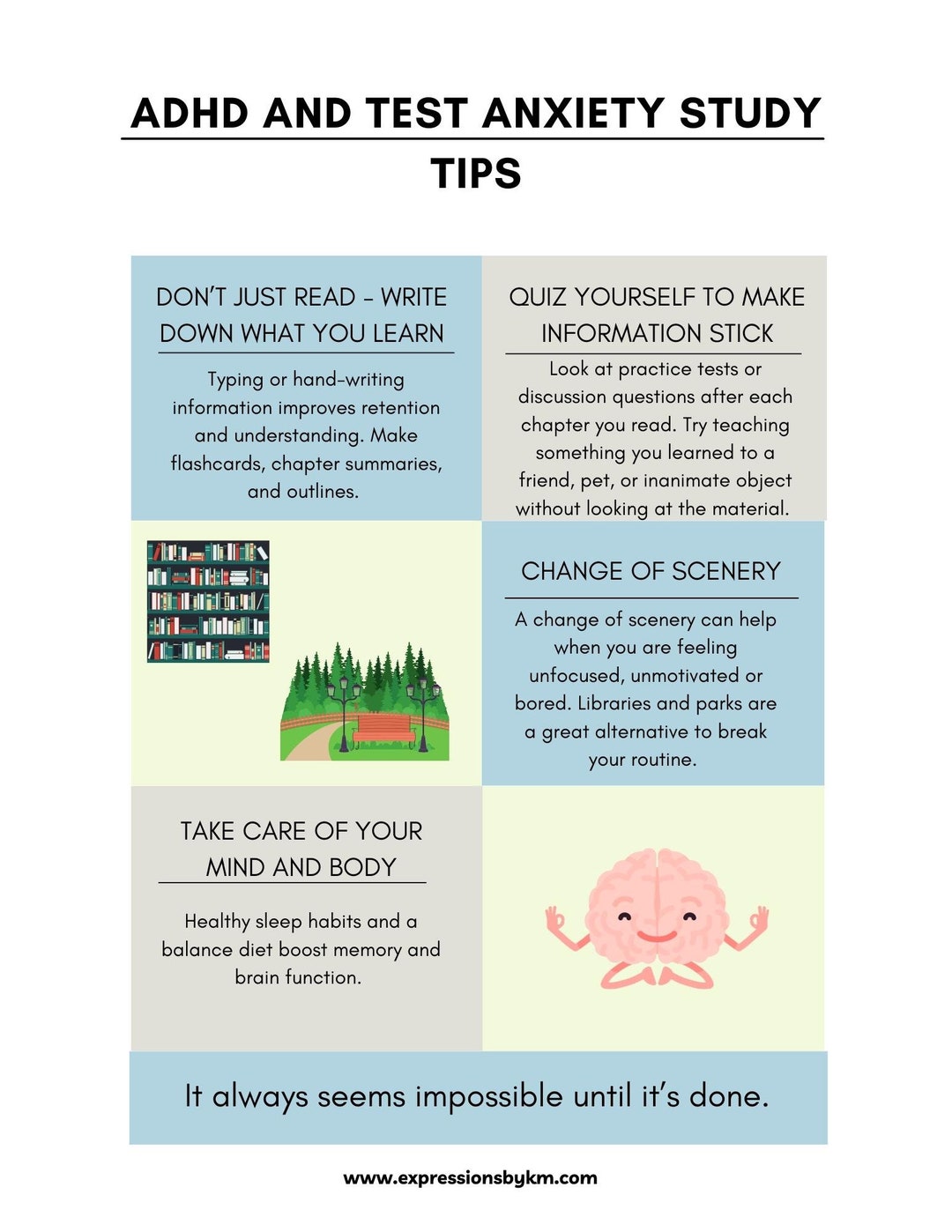 ADHD and Test Anxiety Study Tips - Worksheet for Parents, Counselors ...