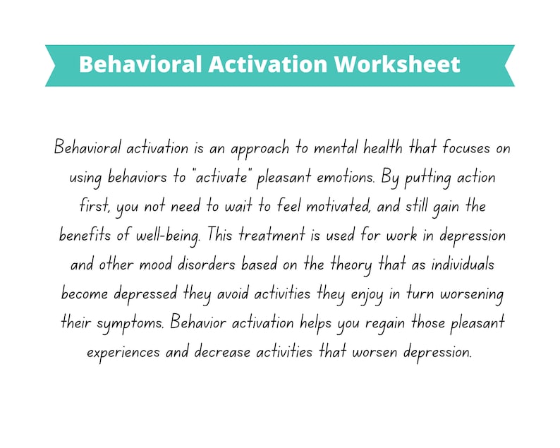 Behavioral Activation Worksheet - Depression Worksheet - Therapy ...