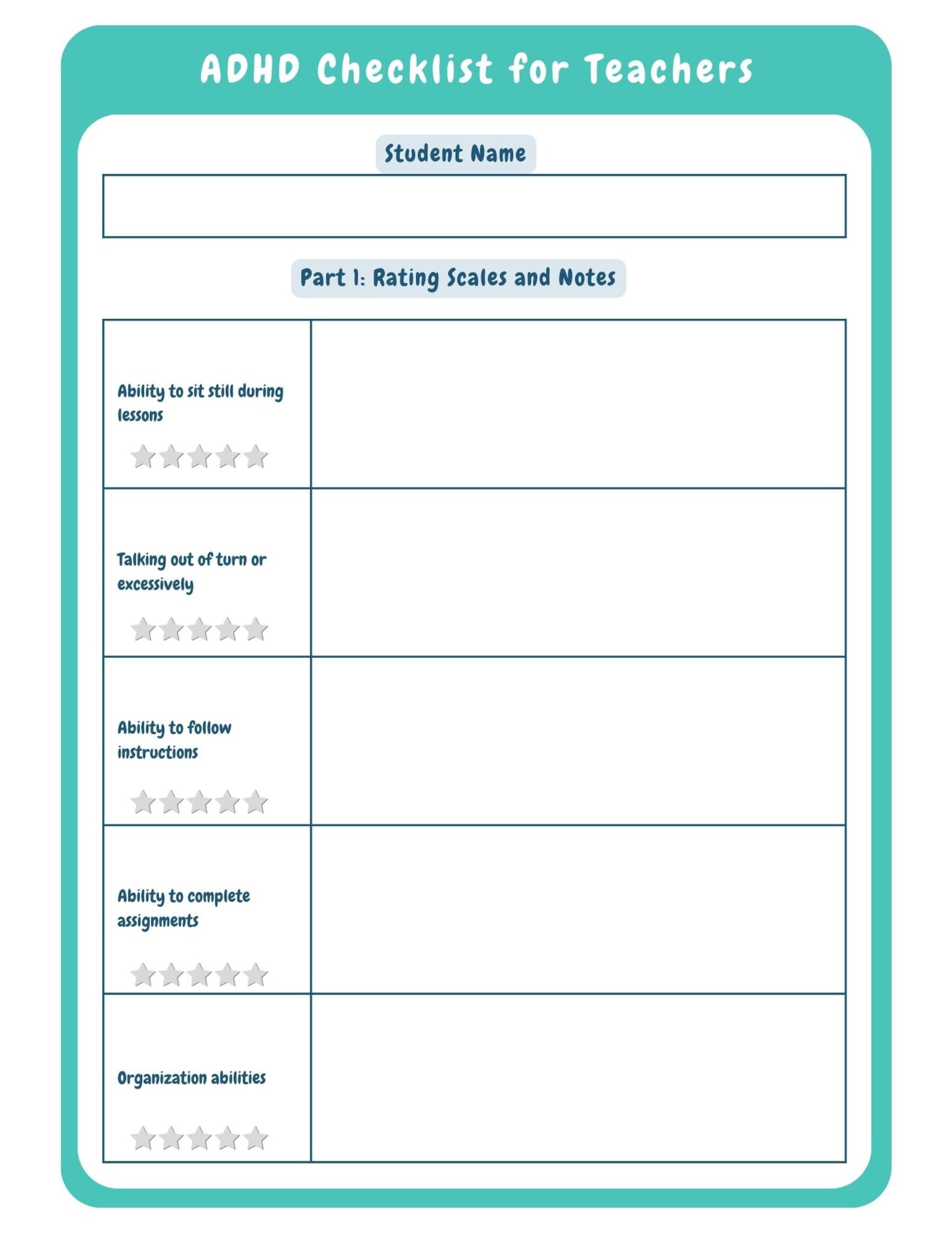 ADHD Checklist for Teachers - Teacher Forms - Mental Health Forms - Etsy
