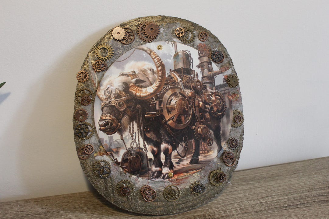 Steampunk Ox Wood Slice Art: Live Edge Painted Decor - Etsy