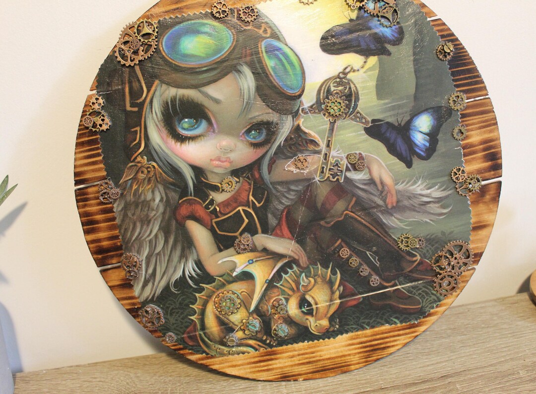 Steampunk Fairy Pilot Art: Dragon & Gears on Charred Wood Pallet - Etsy