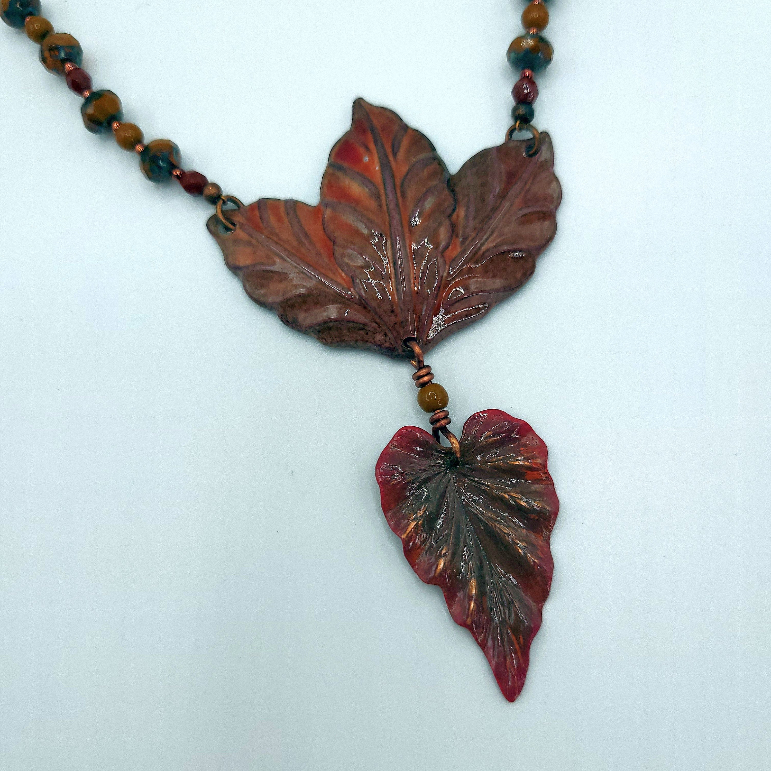 2 Pc Burnt Umber Leaf Necklace Set, Gardanne Enamel Leaf Pendant, 21-24 ...