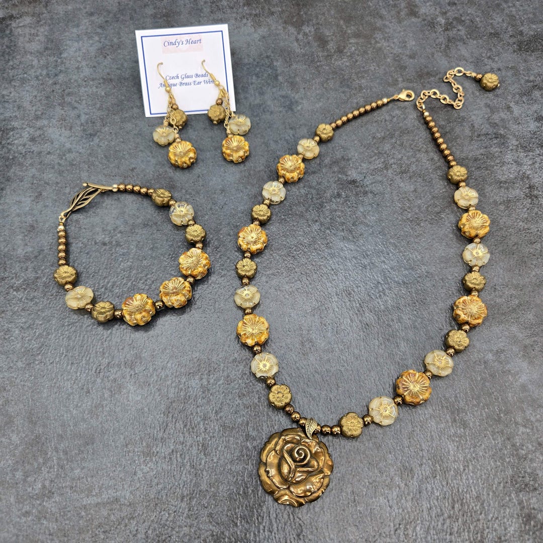 3 Pc Gold Floral Necklace Set, Bronze-yellow-gold Flower Theme Jewelry ...