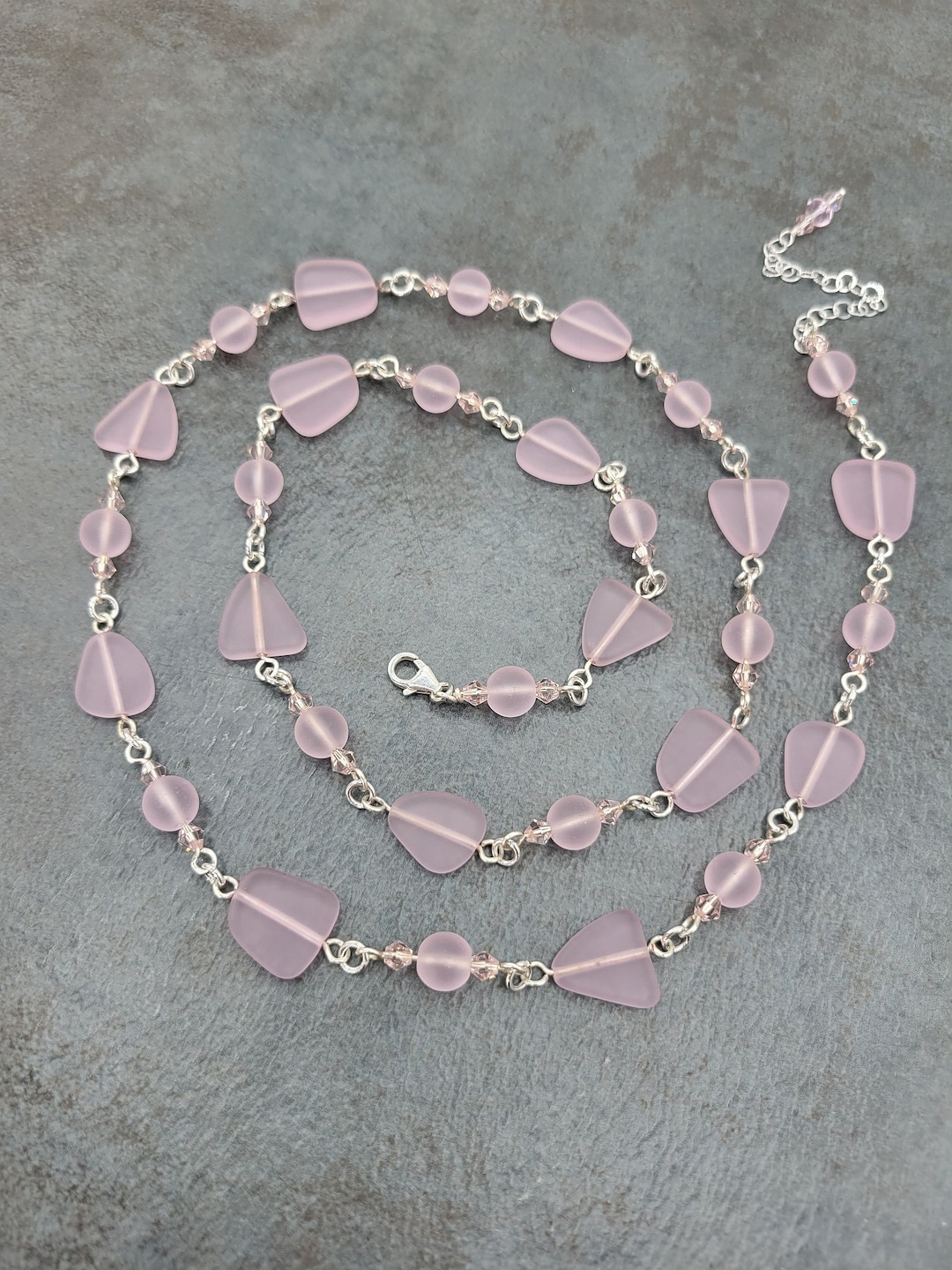 3 Pc Pink Beach Glass Jewelry Set, Long Pink Necklace, Matte Pink and ...