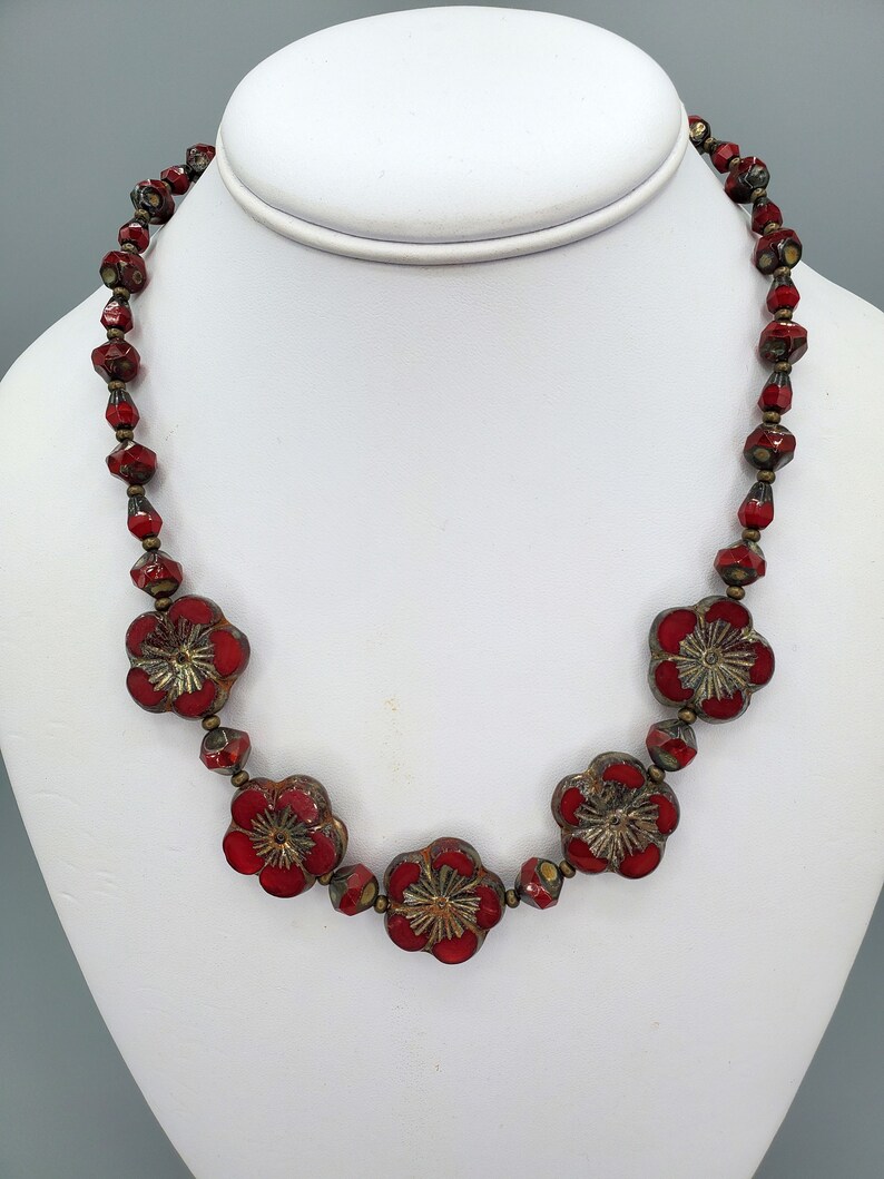 3 Pc Set, Red Flower Necklace, Czech Glass Flowers, Red and Bronze ...