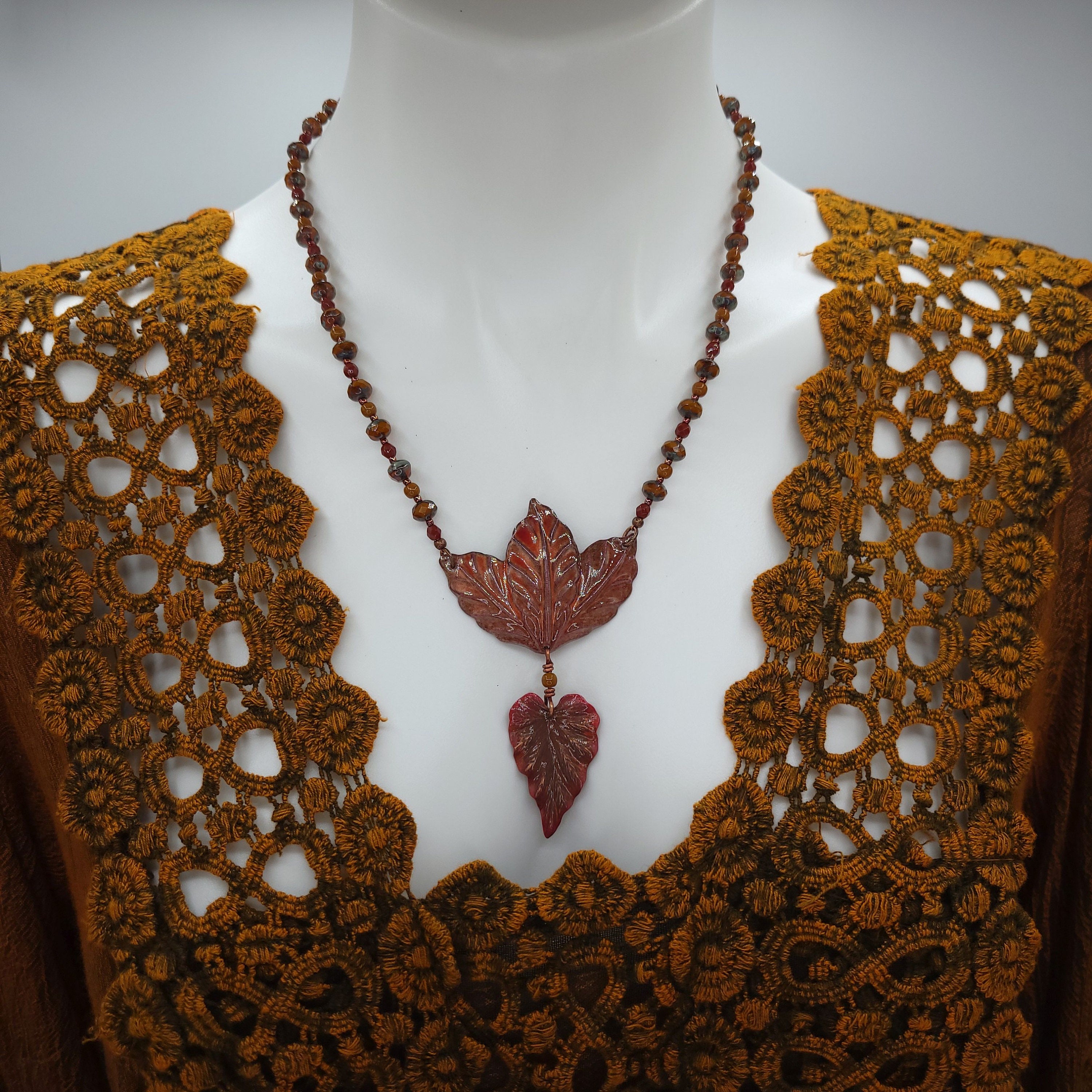 2 Pc Burnt Umber Leaf Necklace Set, Gardanne Enamel Leaf Pendant, 21-24 ...