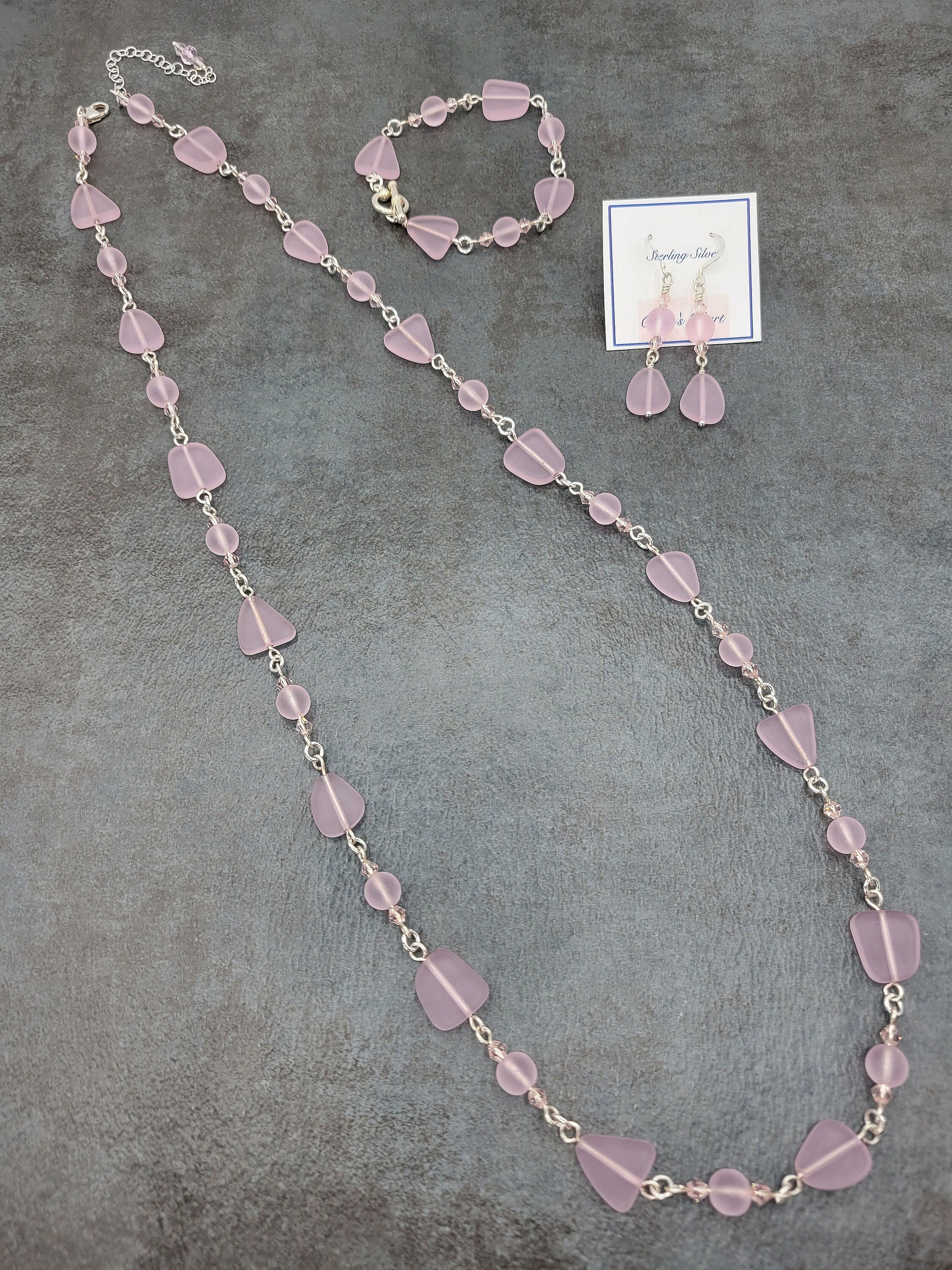 3 Pc Pink Beach Glass Jewelry Set, Long Pink Necklace, Matte Pink and ...