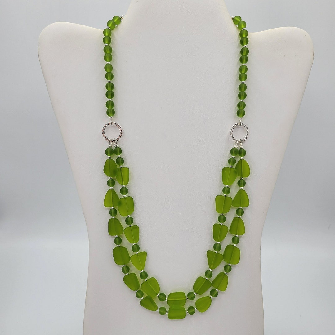 3 Pc Fern Green Jewelry Set, Matte Beach Glass Necklace, Double Strand ...