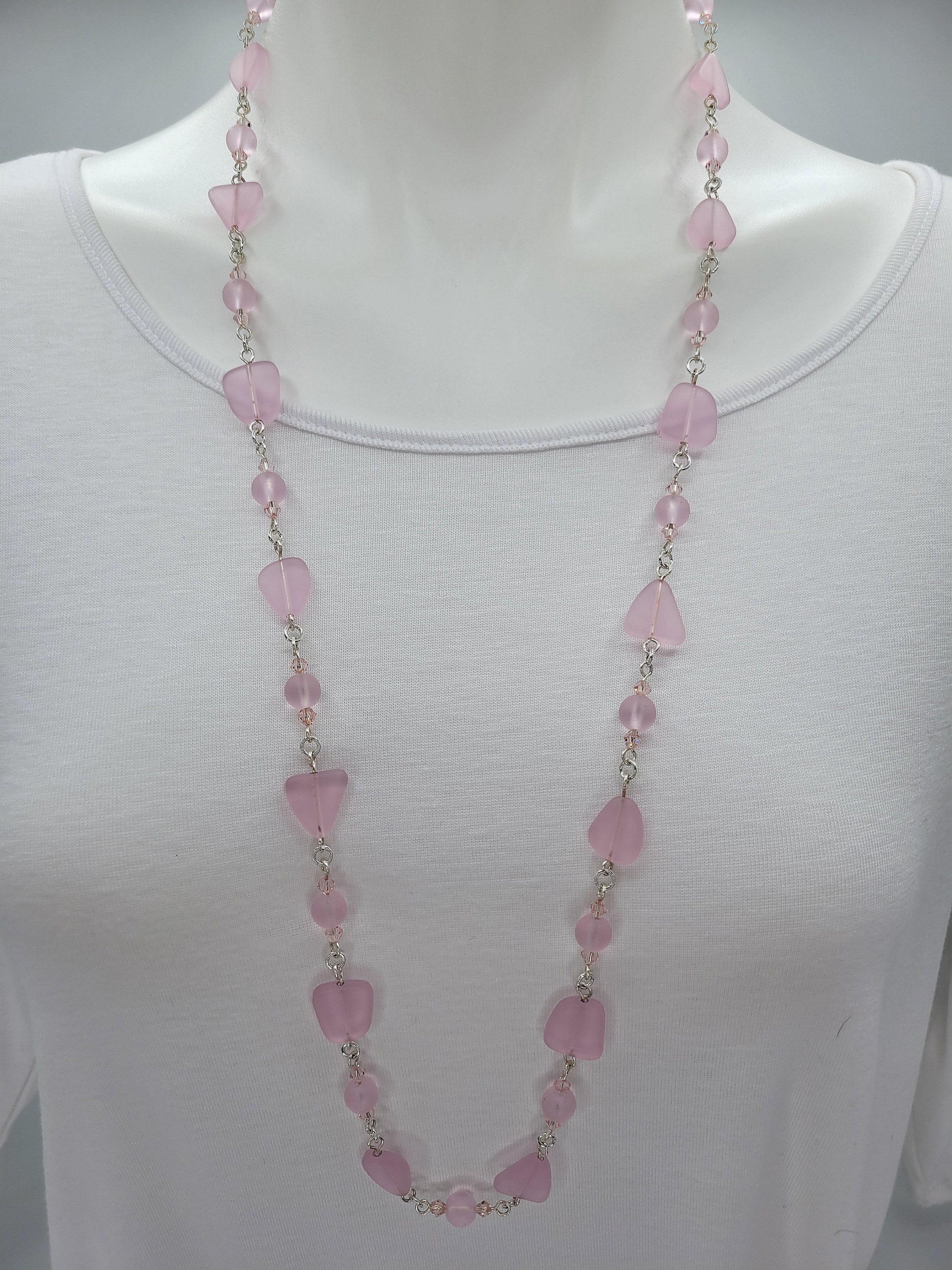 3 Pc Pink Beach Glass Jewelry Set, Long Pink Necklace, Matte Pink and ...