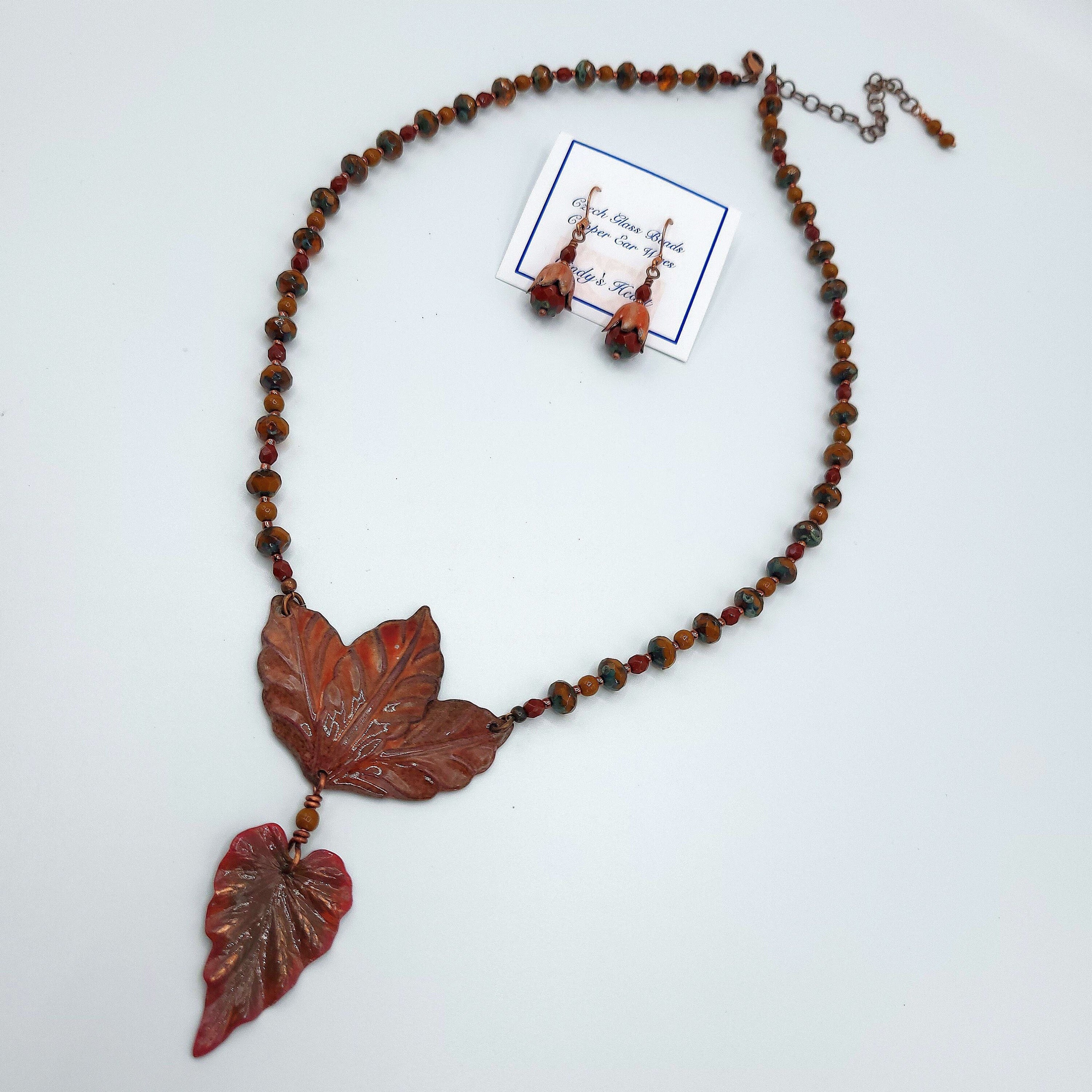 2 Pc Burnt Umber Leaf Necklace Set, Gardanne Enamel Leaf Pendant, 21-24 ...