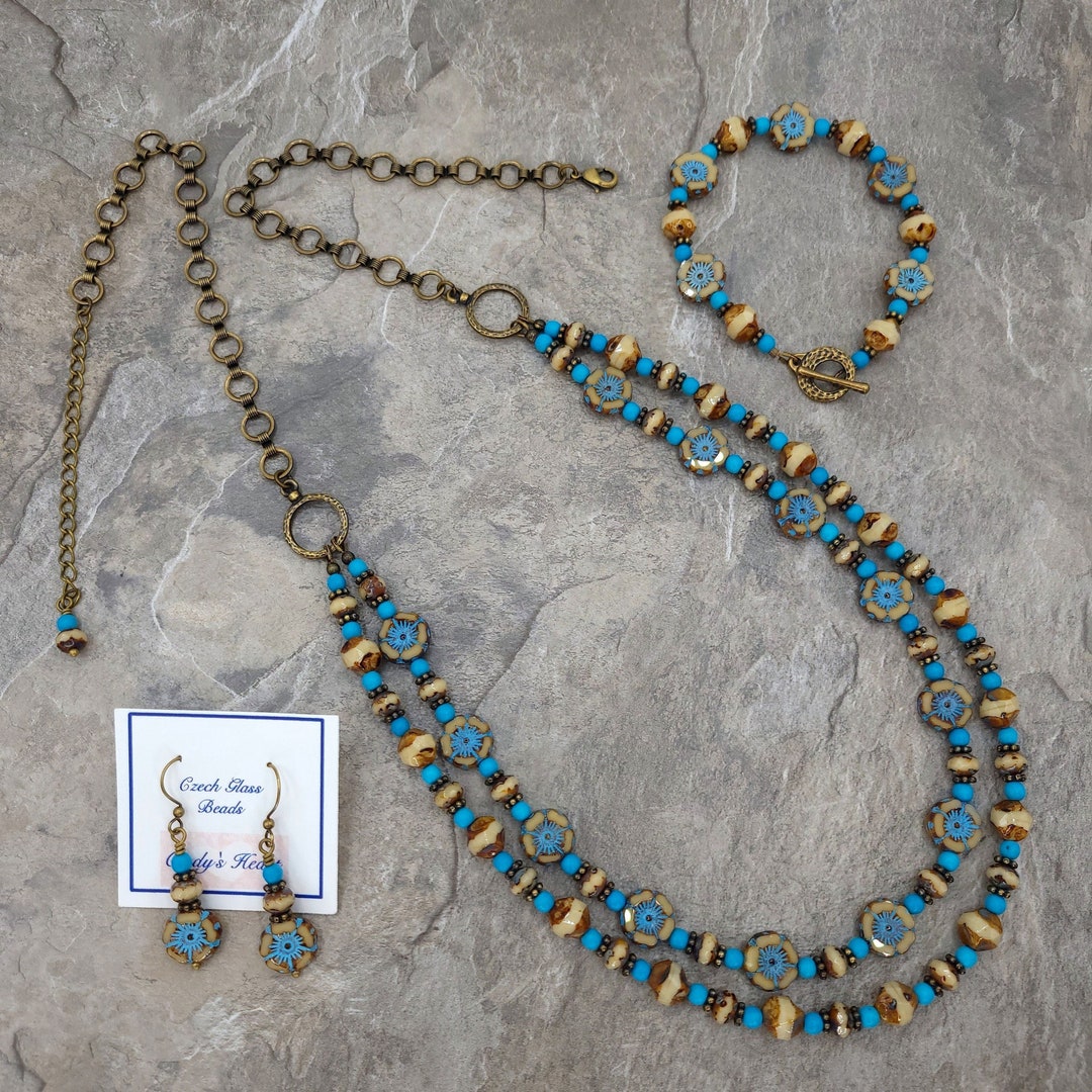 3 Pc Set Turquoise Flower Necklace Turquoise and Brown - Etsy