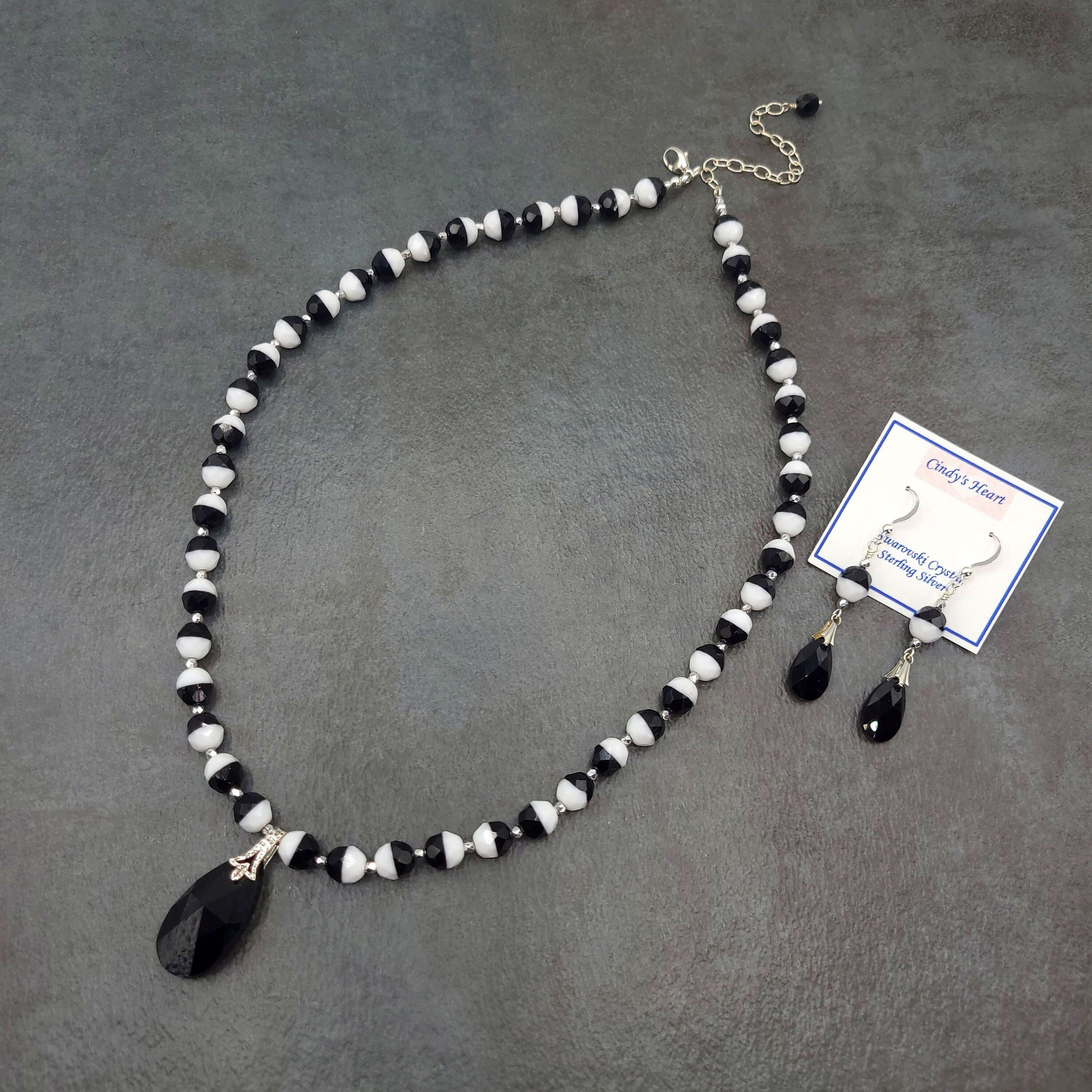 2 Pc Black and White Necklace Set, Black Swarovski Crystal Pear Drops ...