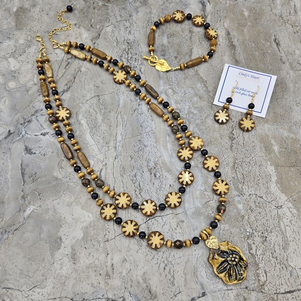 3 Pc Set, Turquoise and Brown Necklace, Long Turquoise Necklace, Czech ...