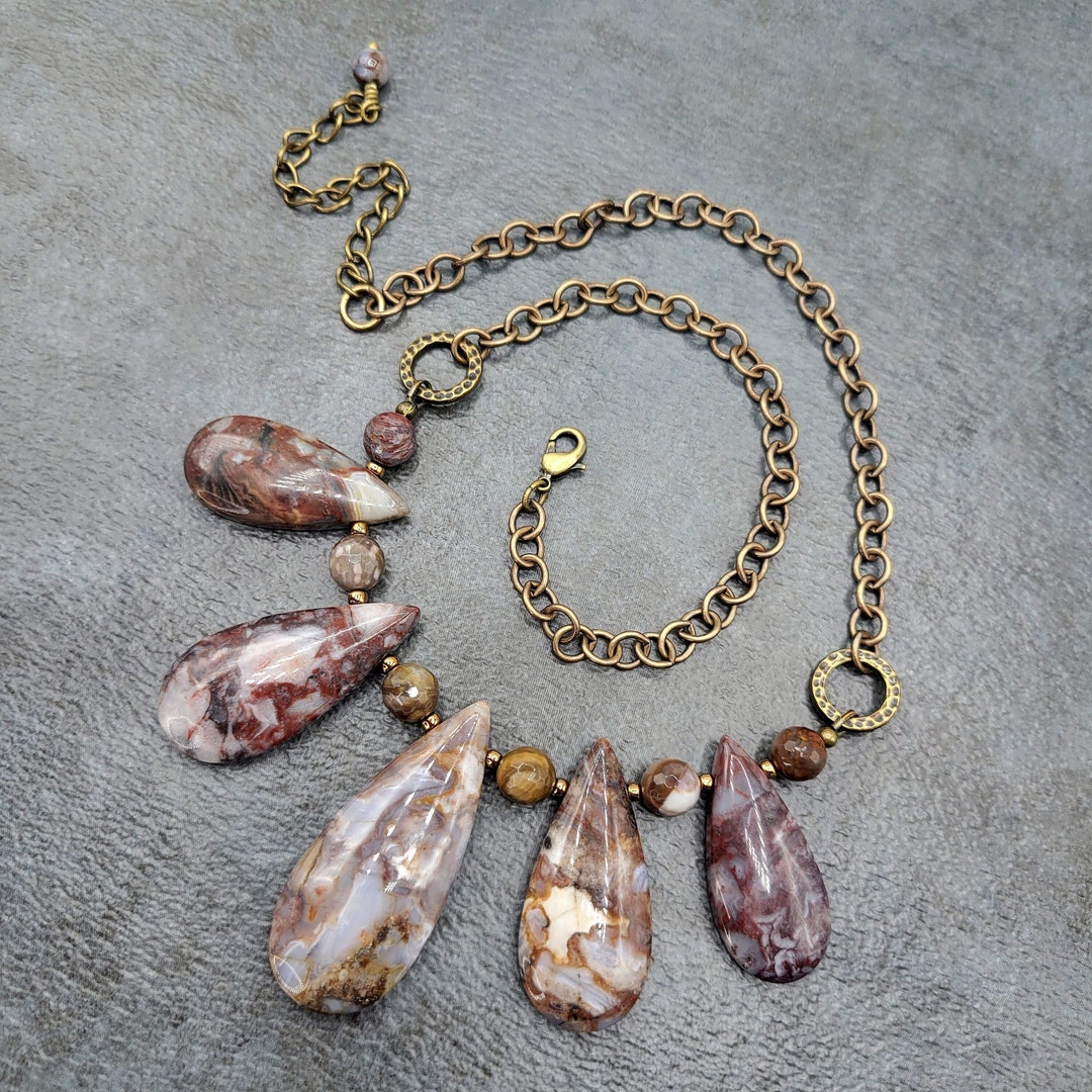 3 Pc Agate Tear Drop Necklace Set, Brown-gray-maroon Agate With Antique ...