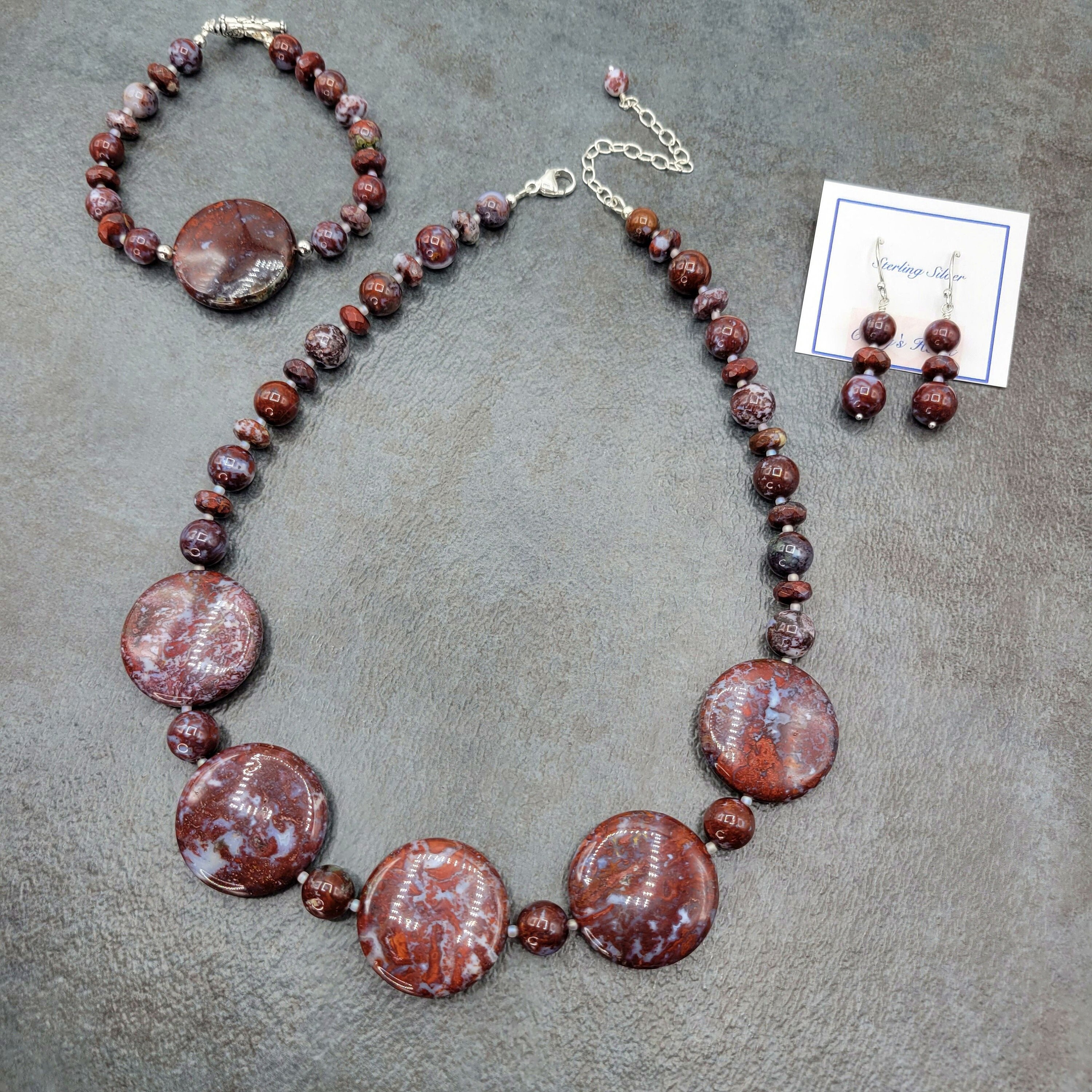 3 Pc Red Lightning Agate Jewelry Set, Red & Gray Gemstone Jewelry, Flat ...