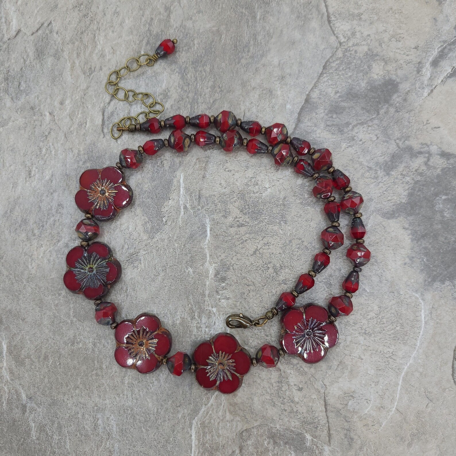 3 Pc Set, Red Flower Necklace, Czech Glass Flowers, Red and Bronze ...