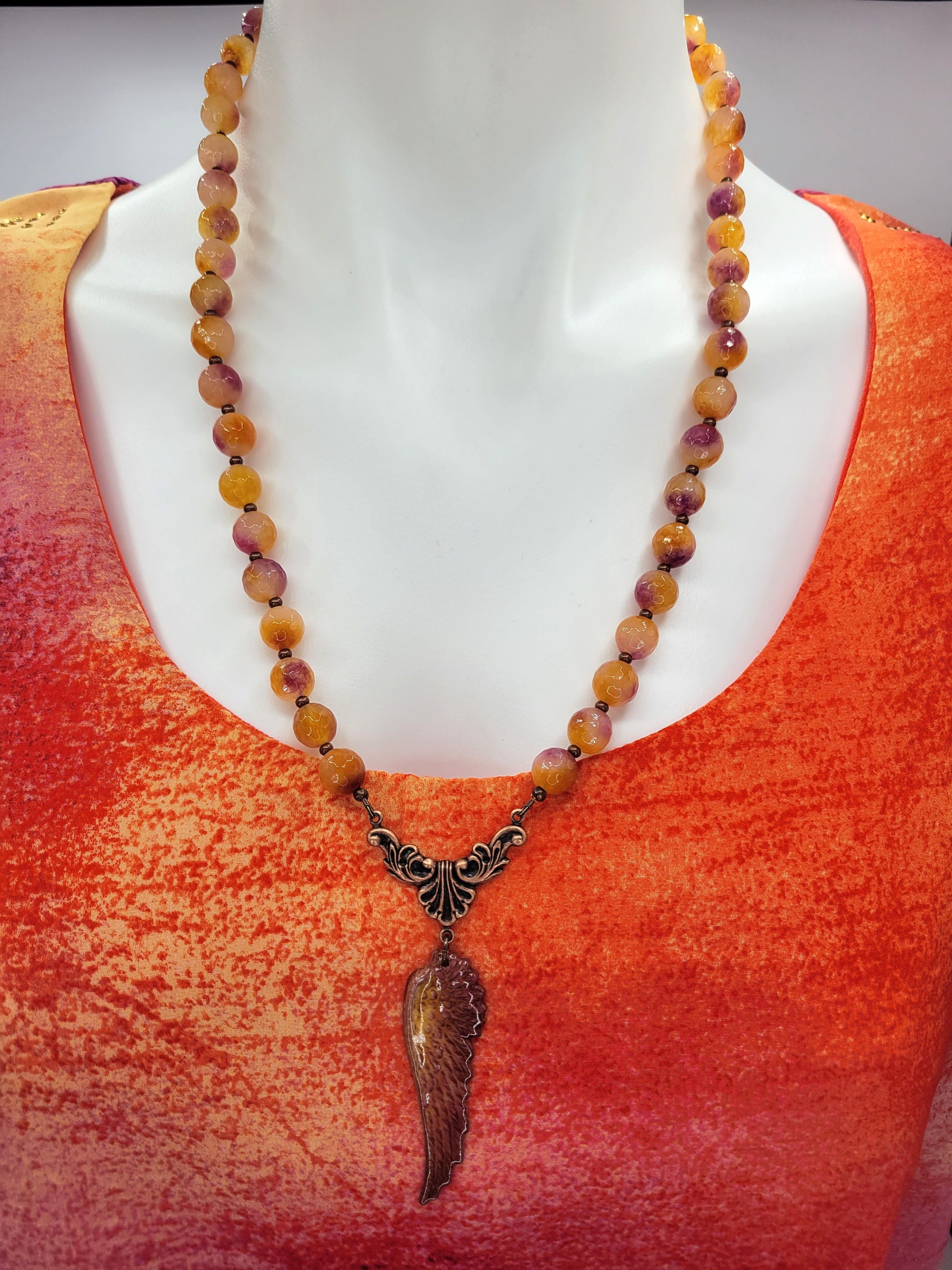 3 Pc Angel Wing Jewelry Set, Raspberry-peach Agate With Gardanne Enamel ...