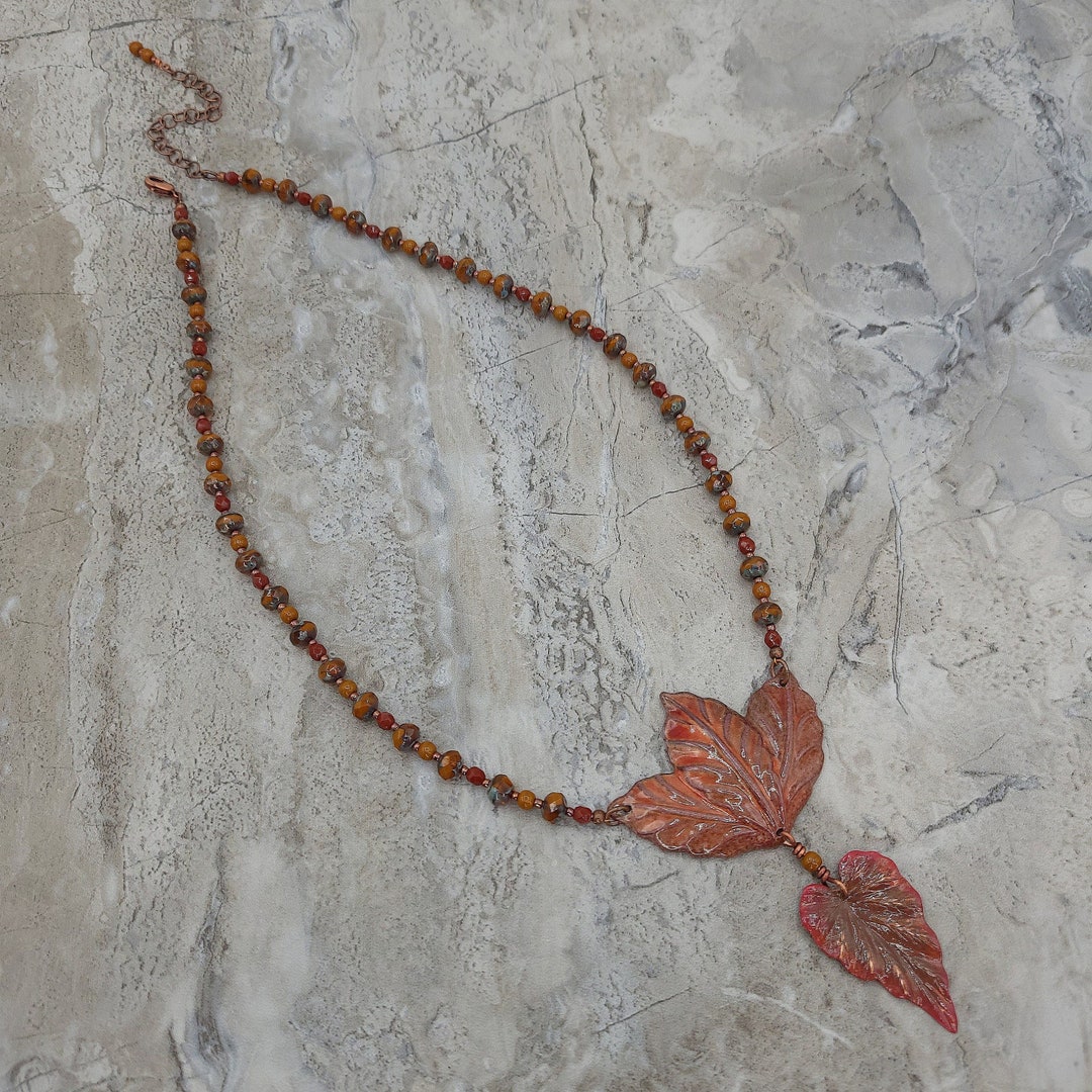 2 Pc Burnt Umber Leaf Necklace Set, Gardanne Enamel Leaf Pendant, 21-24 ...