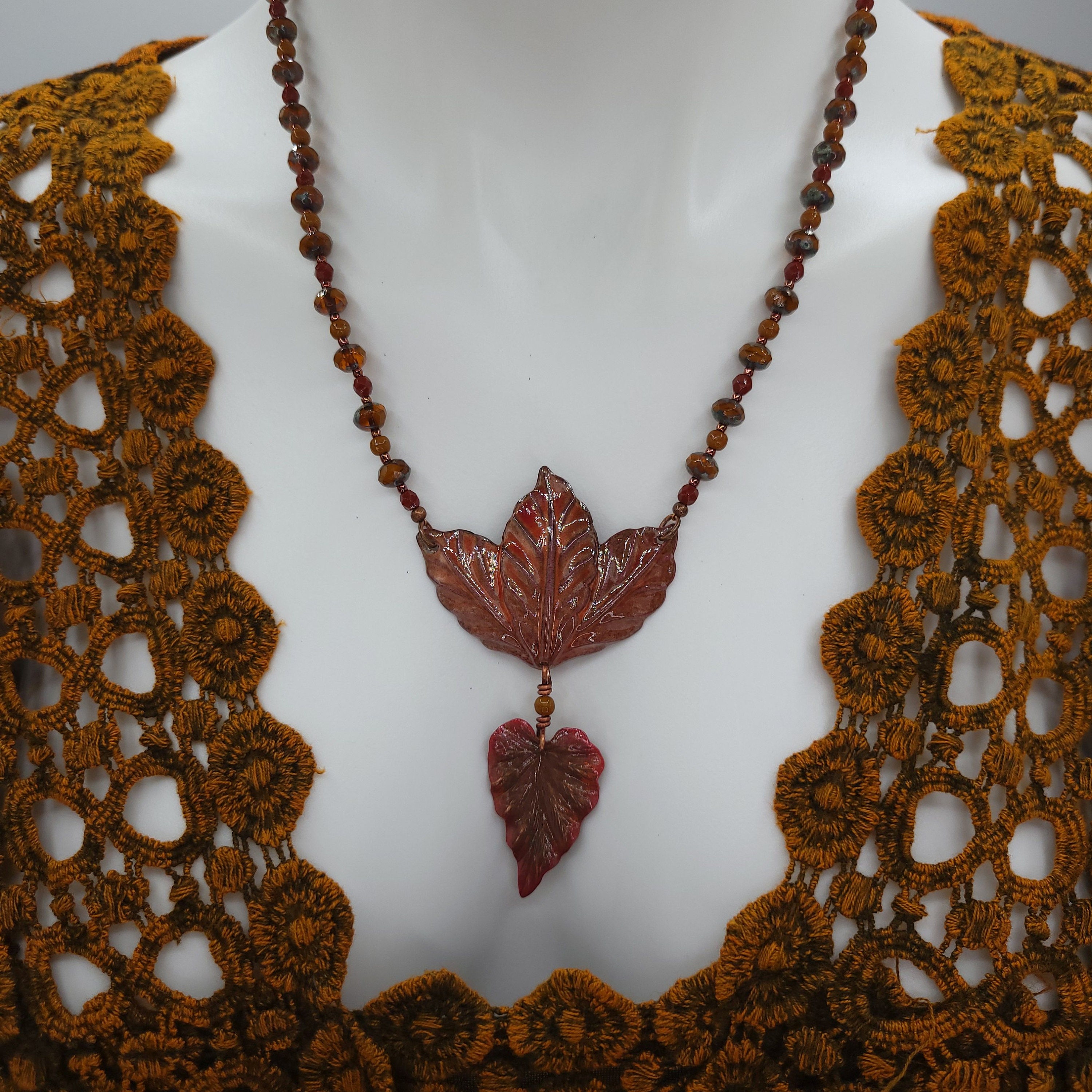 2 Pc Burnt Umber Leaf Necklace Set, Gardanne Enamel Leaf Pendant, 21-24 ...