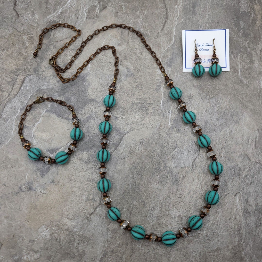 3 Pc Set, Turquoise and Brown Necklace, Long Turquoise Necklace, Czech ...