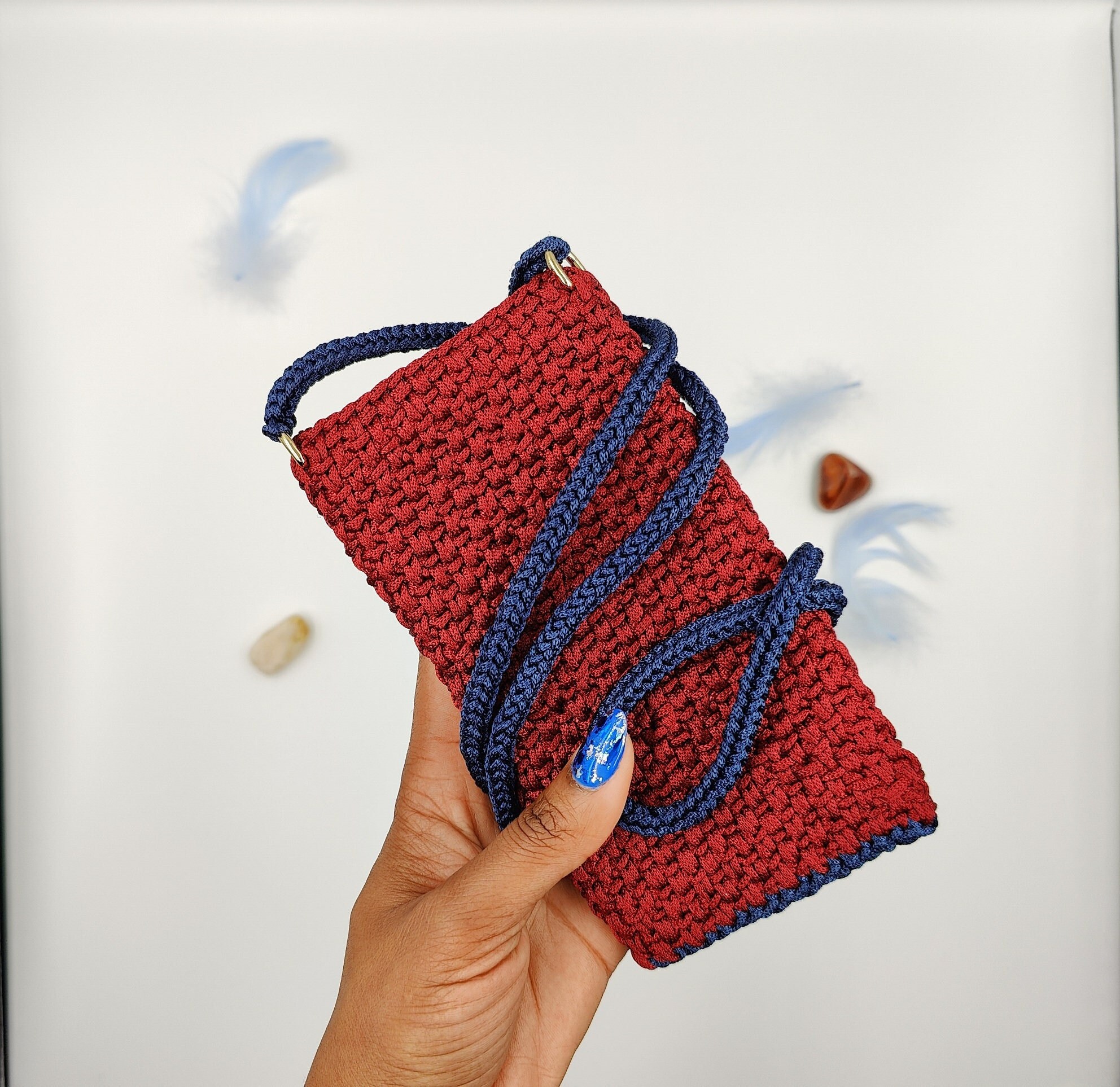 Red Phone Pouch With Blue Shoulder Strap, Unique Handmade Crochet Style ...