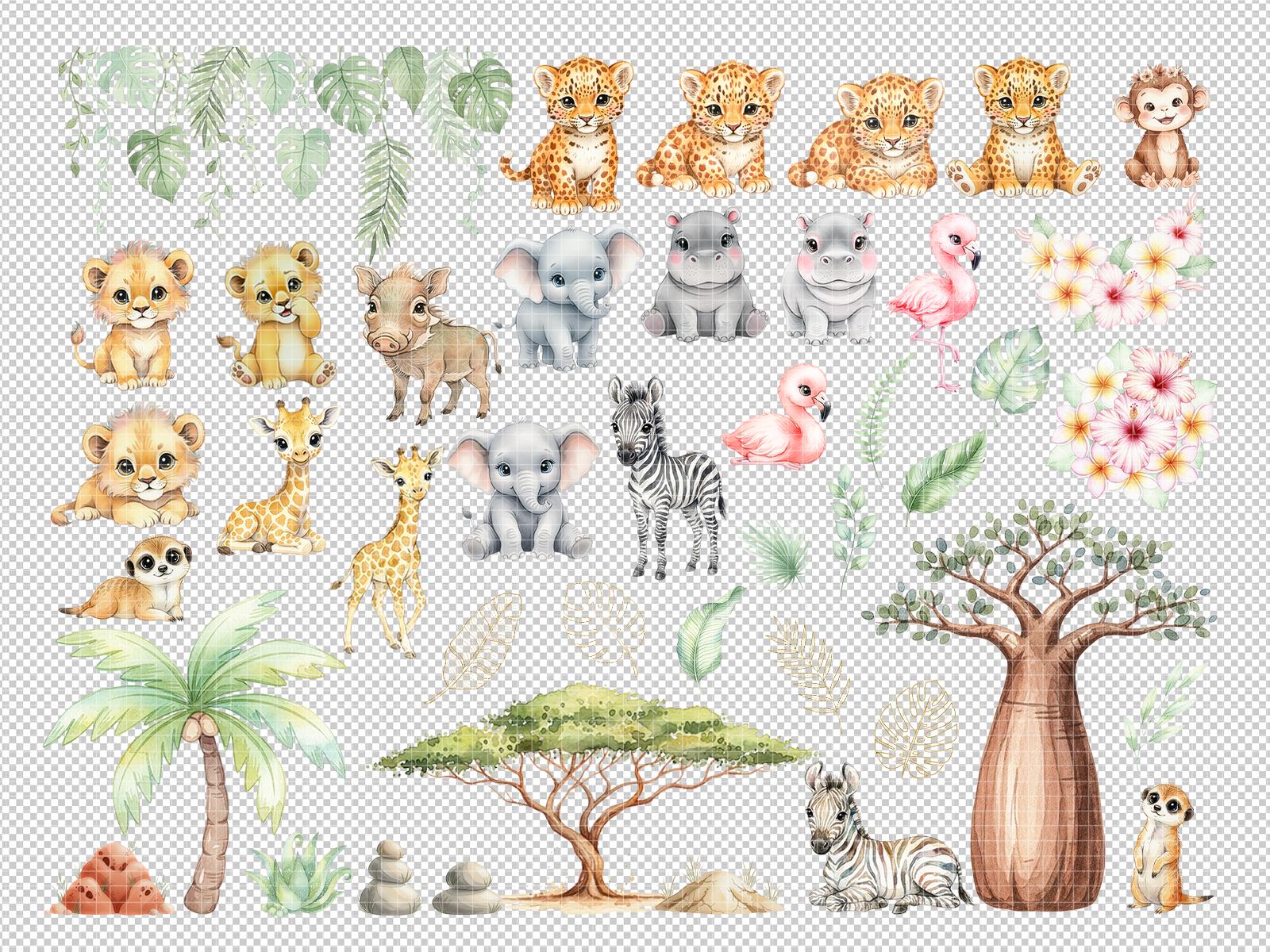 Watercolor Safari Animals Clipart, Cute Jungle Baby Animal PNG, Nursery ...
