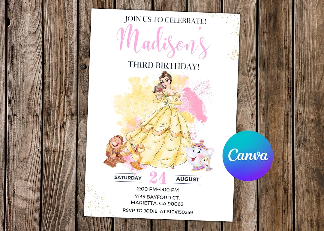 Belle Invitation Princess Belle Birthday Invitation Belle Party Beauty ...