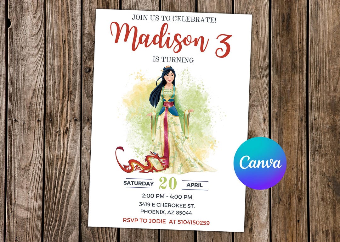 Mulan Invitation Princess Mulan Birthday Invitation Mulan Party Mulan ...
