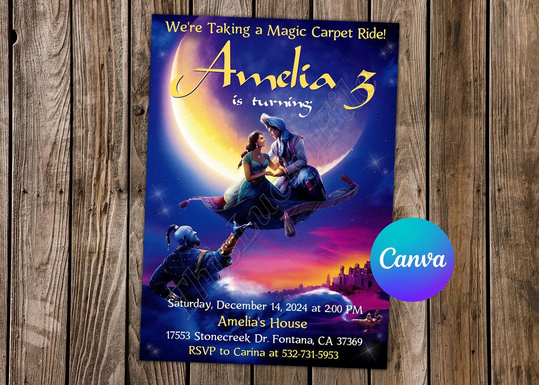 Aladdin Invitation Jasmine Invitation Princess Jasmine Birthday Aladdin ...