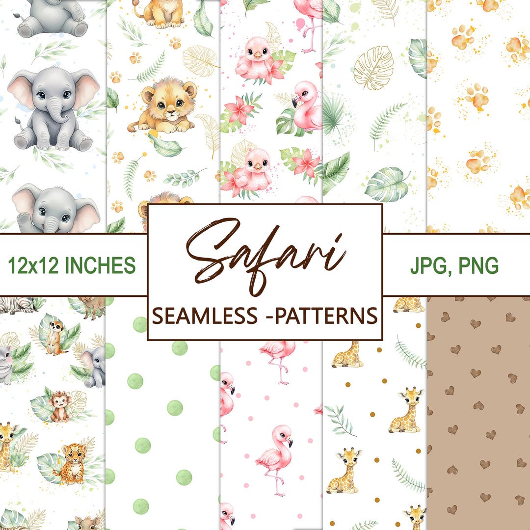 Safari Seamless Pattern, Watercolor Baby Animal Digital Paper Pack ...