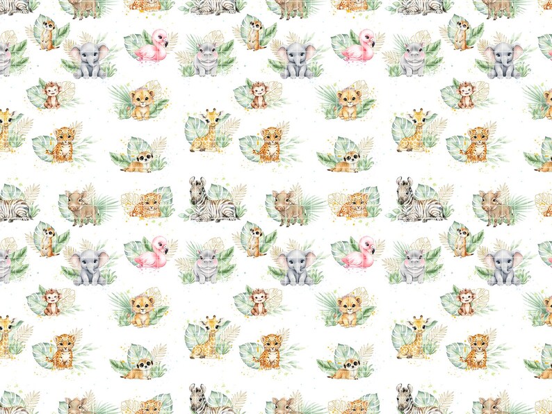 Safari Seamless Pattern, Watercolor Baby Animal Digital Paper Pack ...
