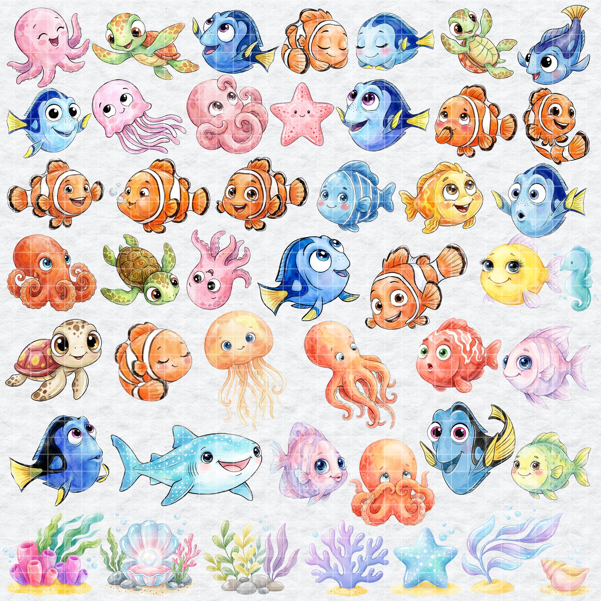 Finding Nemo Clipart, Watercolor Ocean Animals PNG Bundle, Under the ...