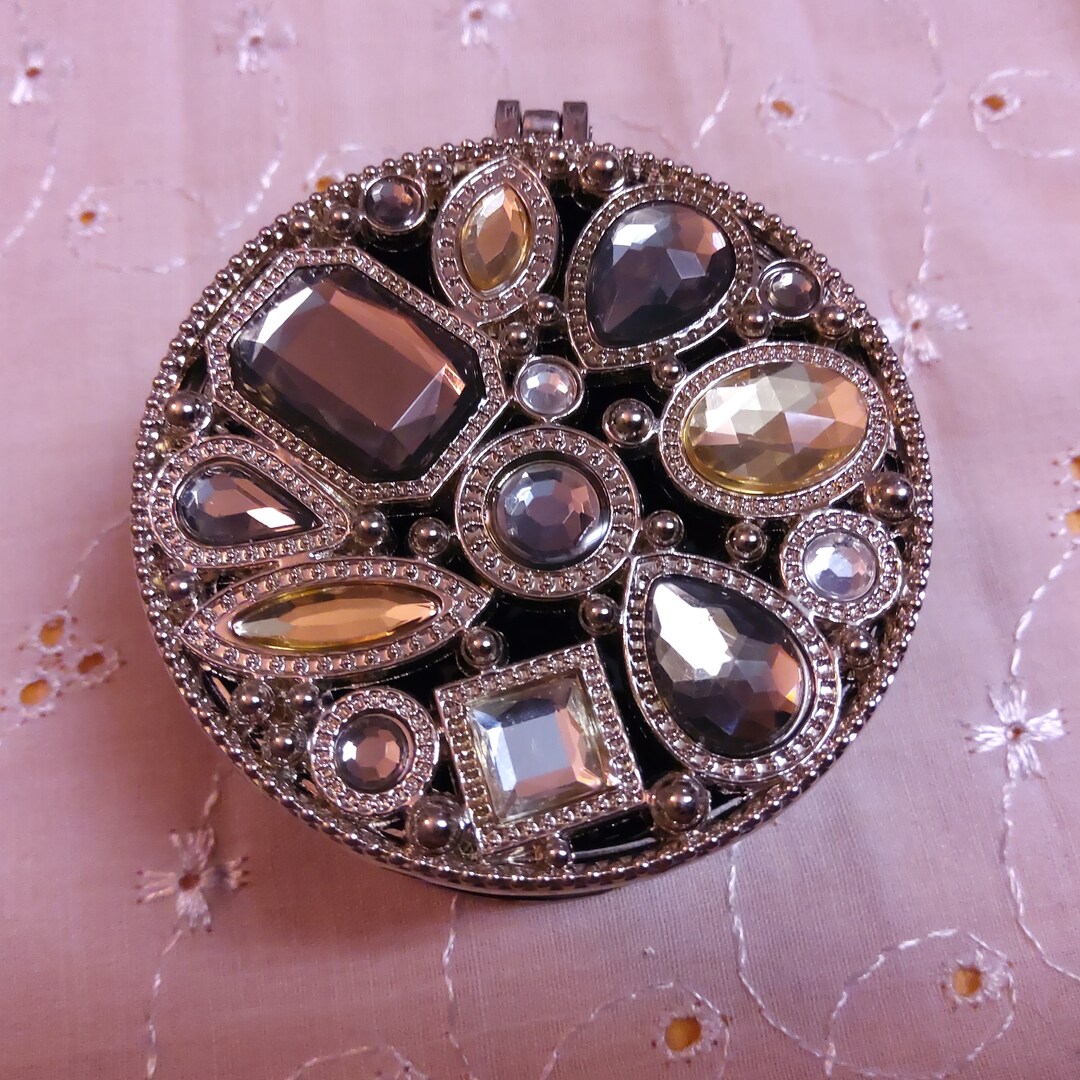 Round Silvertone Metal and Black Enamel Enhanced Trinket Box ...