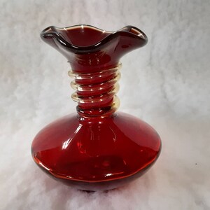 Gorgeous Handblown Ruffled Red Vase With a Ribbon of Yellow Glass ...