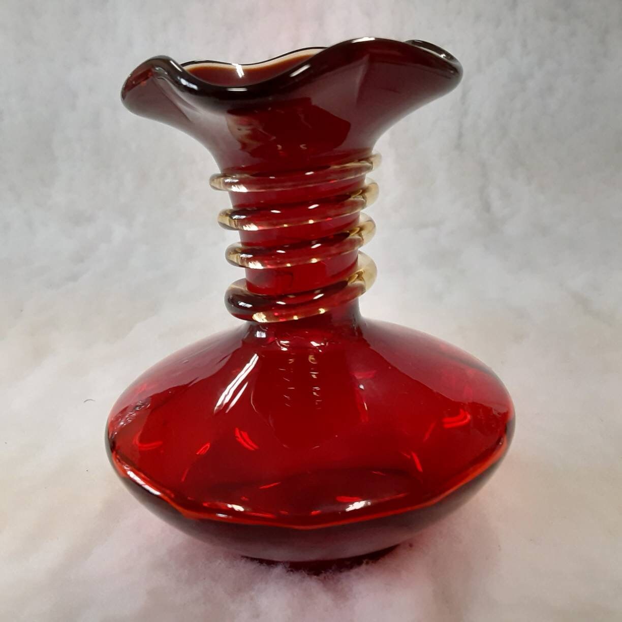Gorgeous Handblown Ruffled Red Vase With a Ribbon of Yellow Glass ...