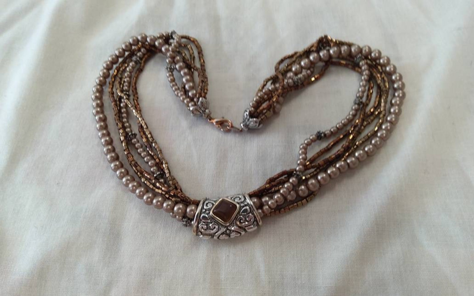 Multi Strand Beaded Necklace - Goldtone,silvertone,copper & Brown ...