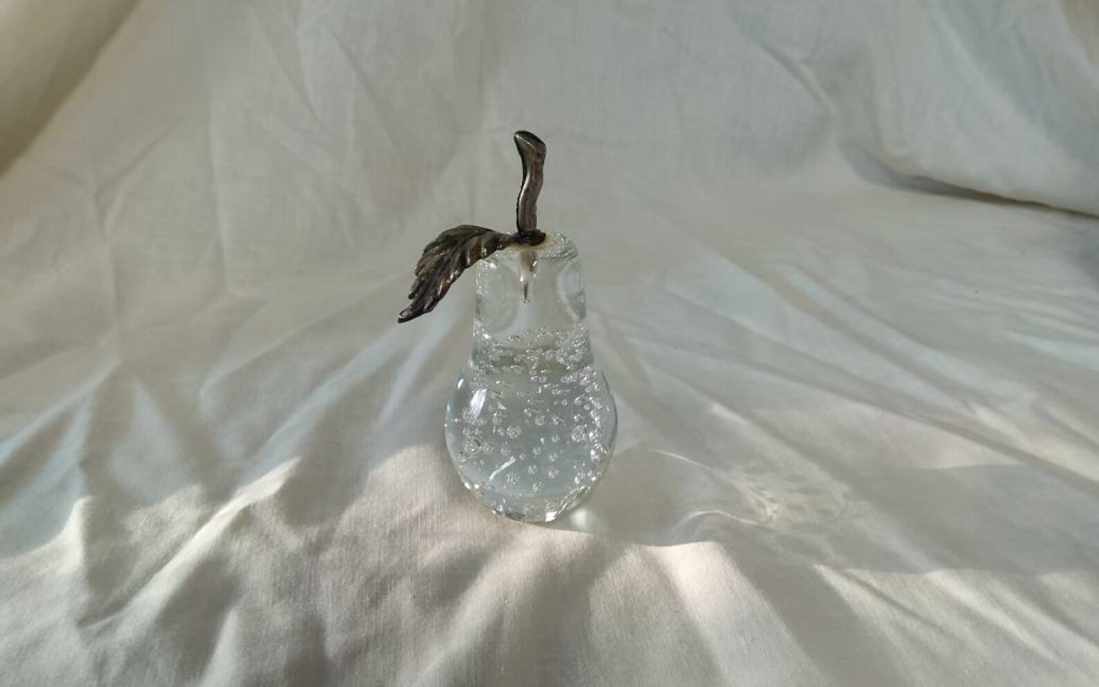 Vintage Studio Art Glass Pear Paperweight With Goldtone Metal Leaf and ...