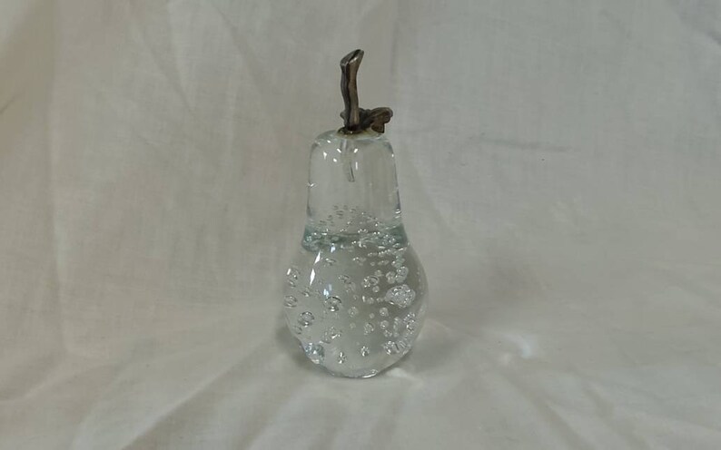 Vintage Studio Art Glass Pear Paperweight With Goldtone Metal Leaf and ...