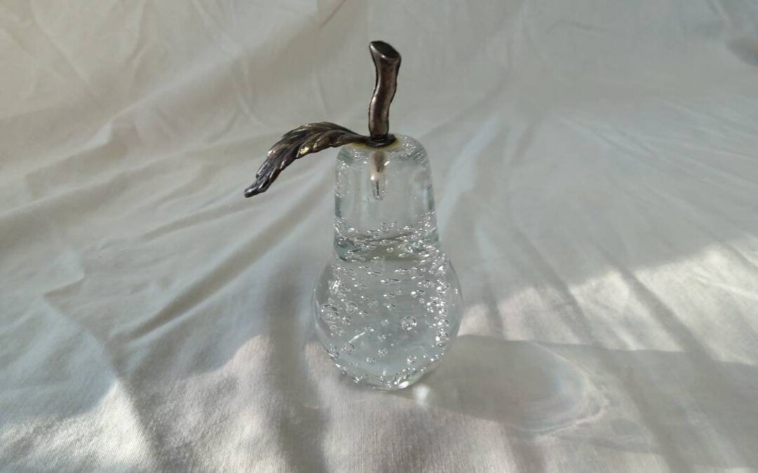Vintage Studio Art Glass Pear Paperweight With Goldtone Metal Leaf and ...
