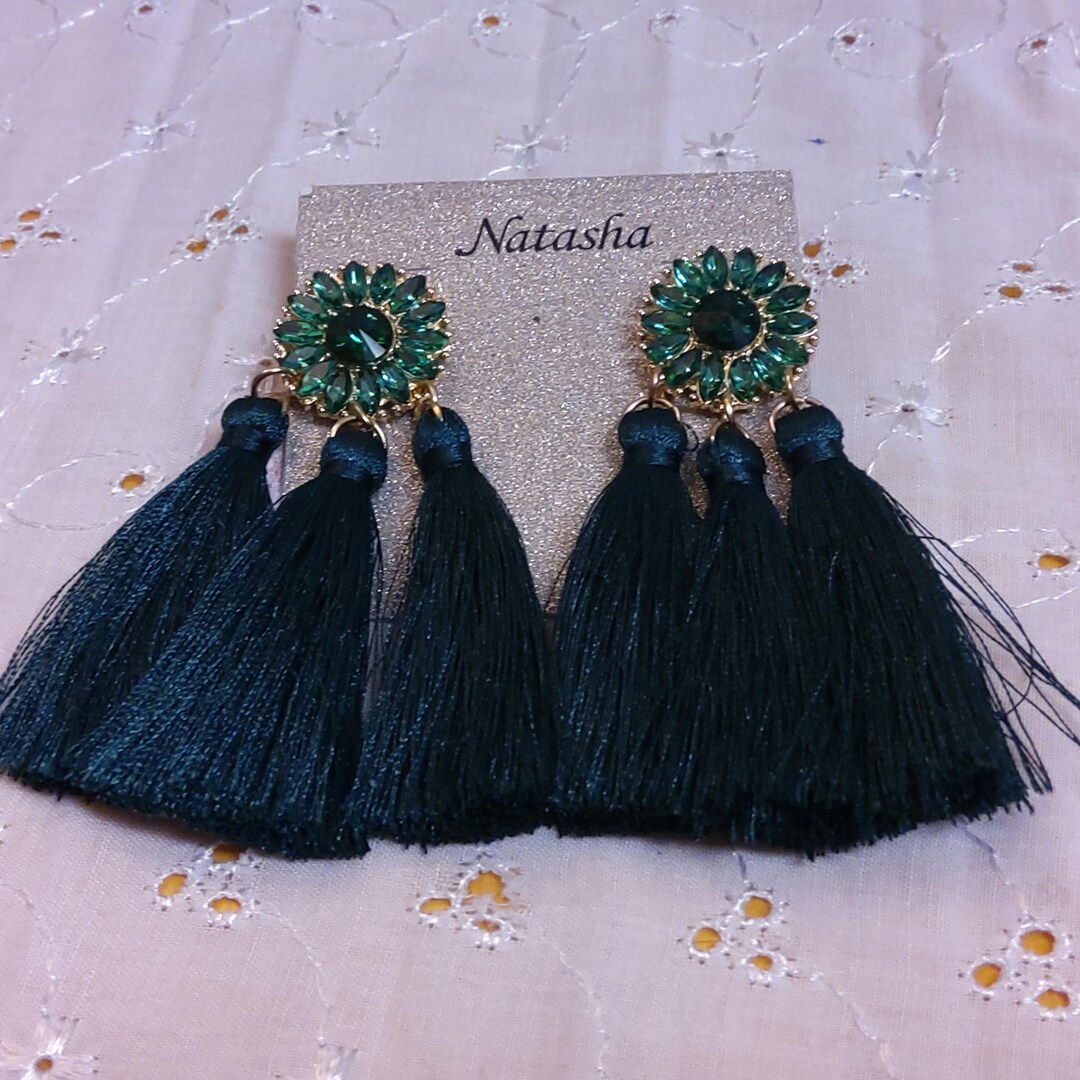 NATASHA Emerald Green Rhinestone and Tassel Dangle Pierced Earrings ...