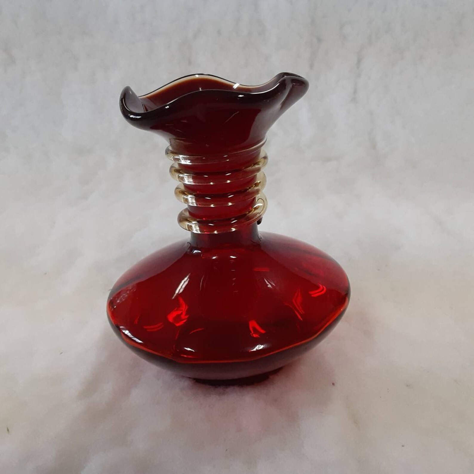 Gorgeous Handblown Ruffled Red Vase With a Ribbon of Yellow Glass ...