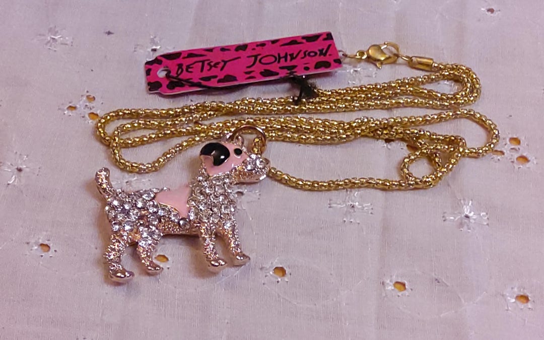 BETSEY JOHNSON Bedazzled Dog Pendant on a Goldtone Necklace Enhanced ...