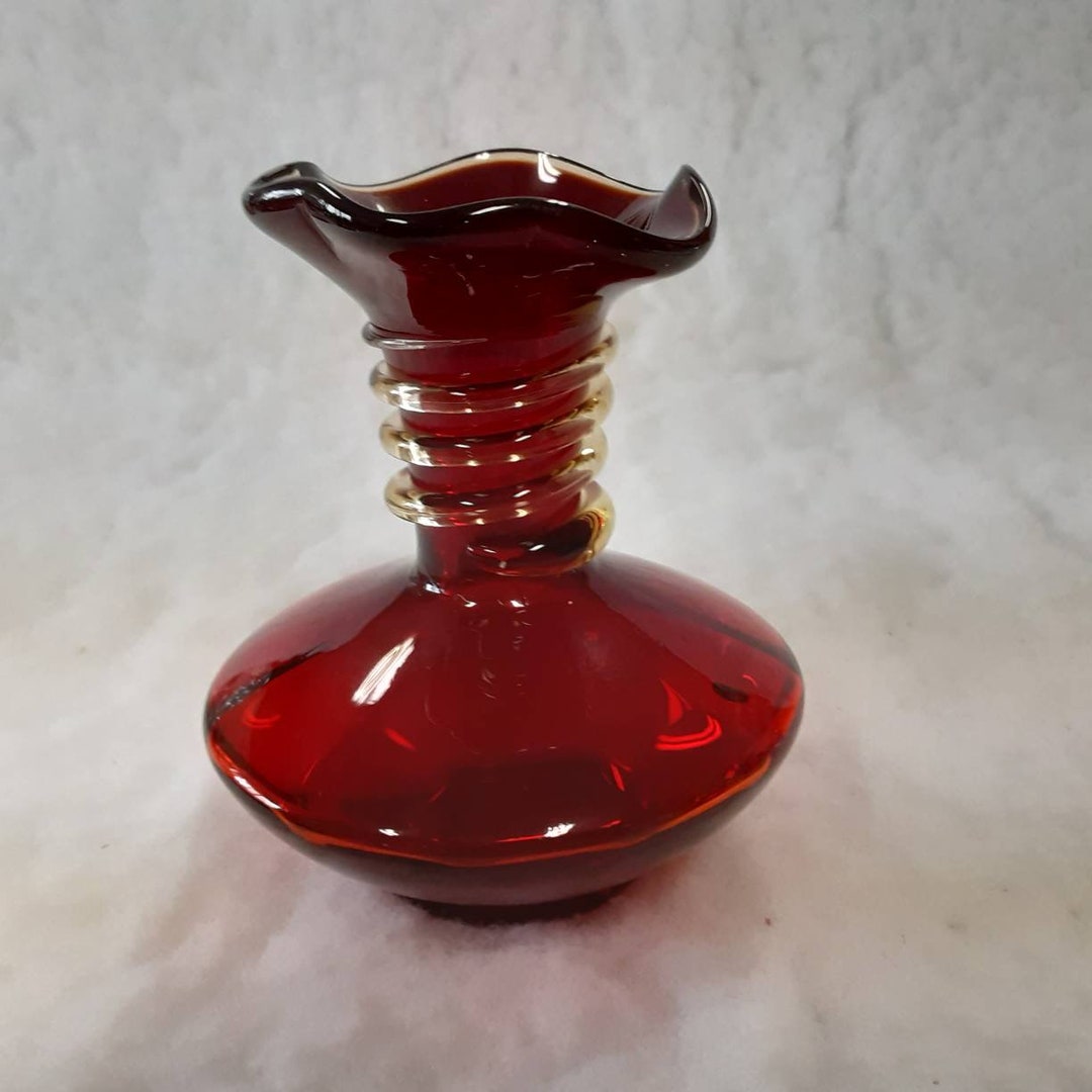 Gorgeous Handblown Ruffled Red Vase With a Ribbon of Yellow Glass ...