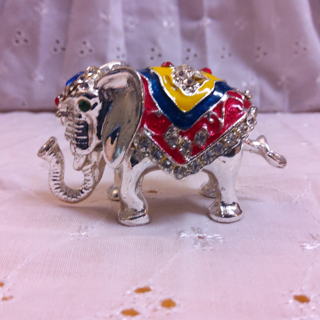 Bejeweled Silvertone ELEPHANT Hinged Magnetic Trinket Box Enhanced With ...