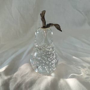 Vintage Studio Art Glass Pear Paperweight With Goldtone Metal Leaf and ...