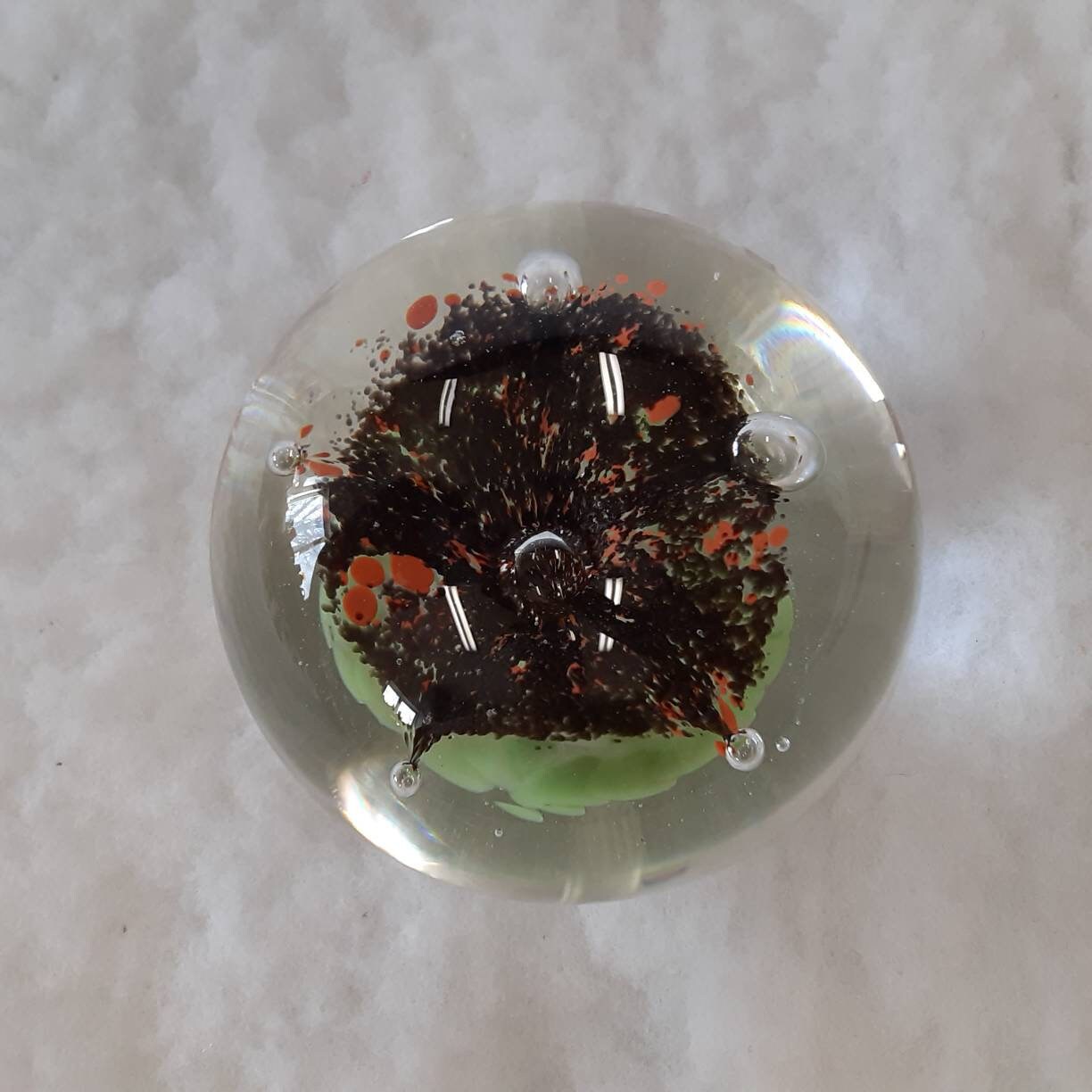 Round Glass Paperweight With Black and Orange Flower and Green Stems ...