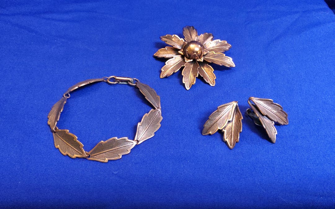 SOLID COPPER Jewelry Set Includes Brooch, Bracelet and Clipped Earrings ...
