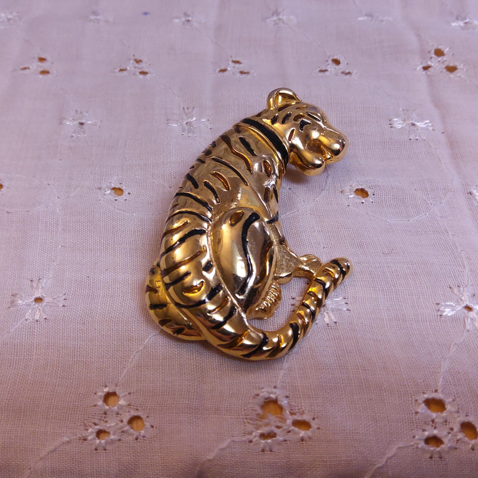 Vintage Goldtone Tiger Brooch Enhanced With Black Enamel Stripes. No ...