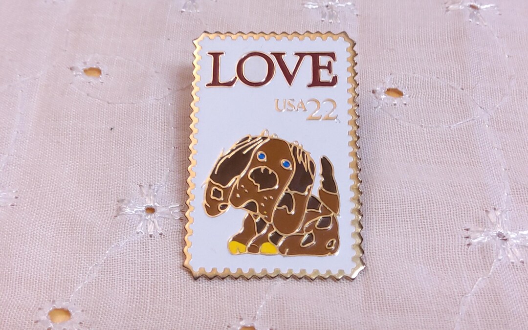 Puppy Dog Postage Stamp Pin - Goldtone Enhanced With White & Brown ...