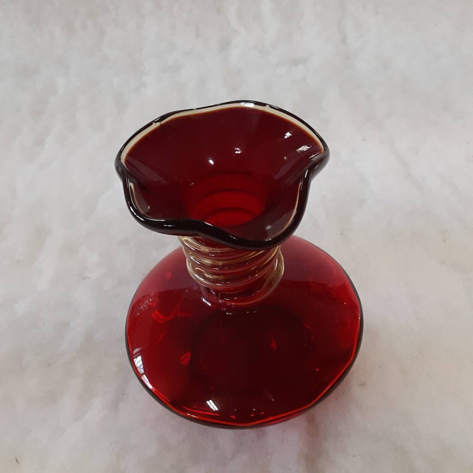 Gorgeous Handblown Ruffled Red Vase With a Ribbon of Yellow Glass ...